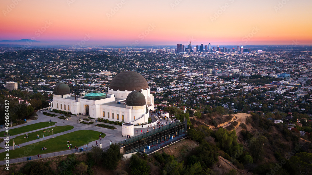 Aerial view of Griffith Observatory and Los Angeles city skyline at ...