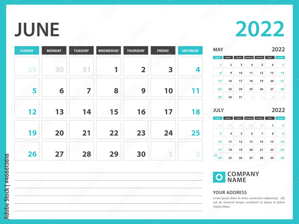 June 2022 Monthly Calendar Printable