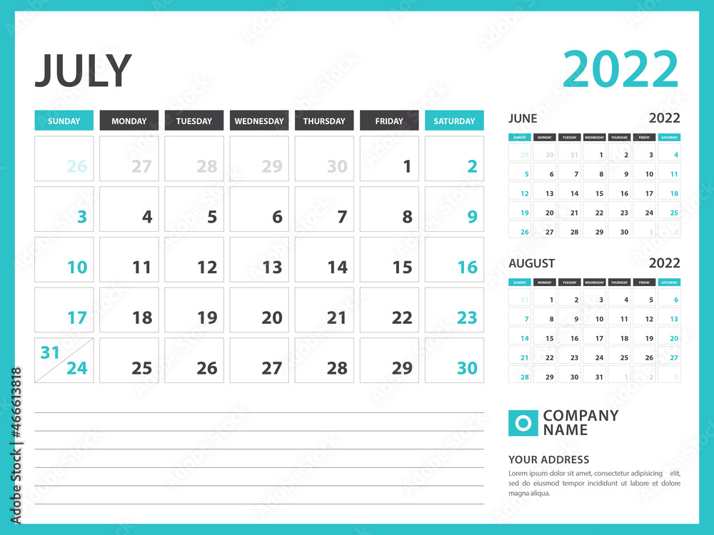 Monthly calendar template for 2022 year. July 2022 year, Calendar 2022 ...
