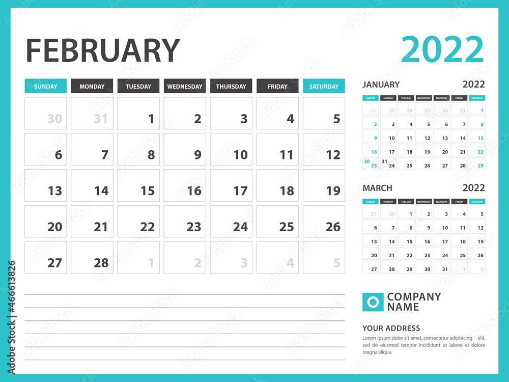 Monthly calendar template for 2022 year. February 2022 year, Calendar ...