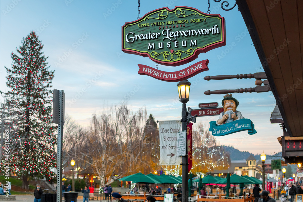 General view of the hanging sign board for the Greater Leavenworth ...