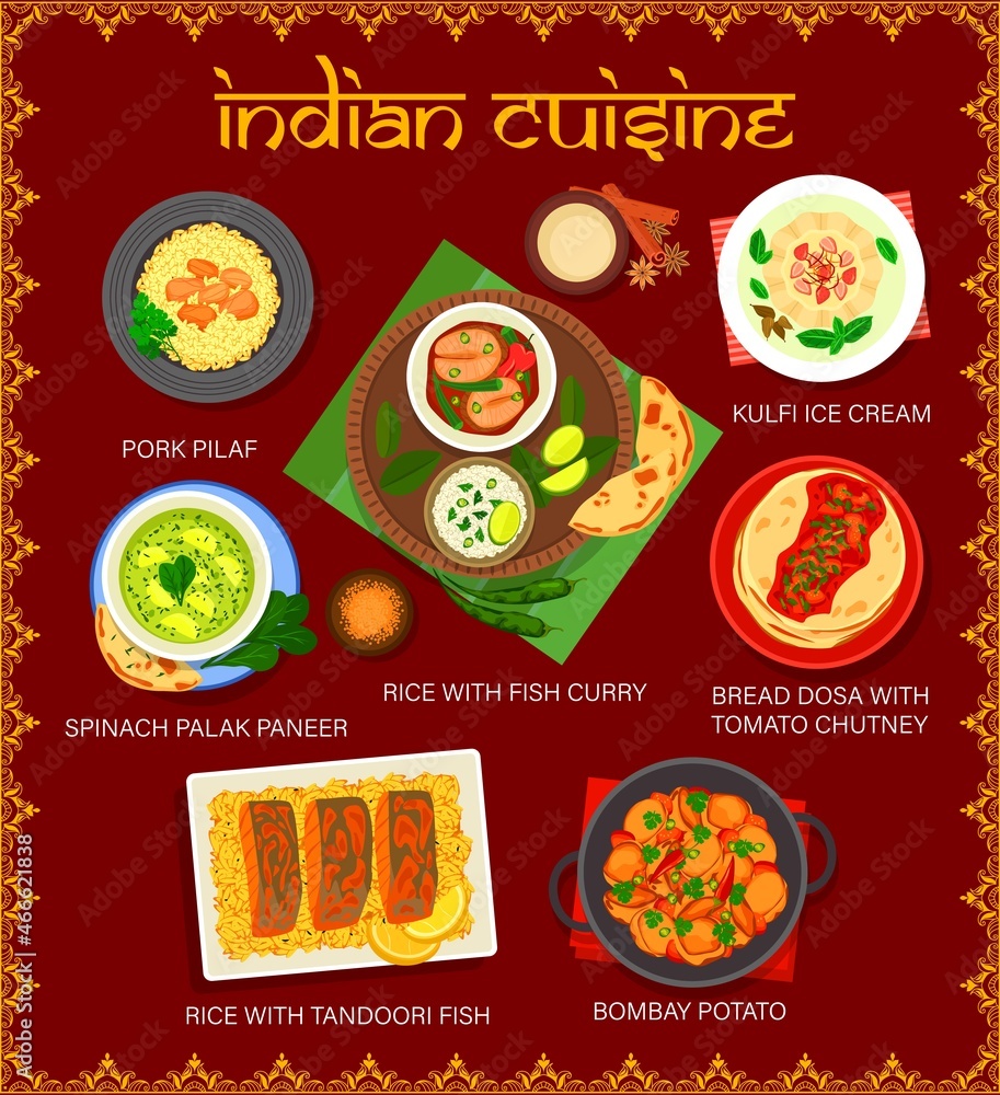 Indian restaurant menu of vector rice dishes with vegetables, meat and ...