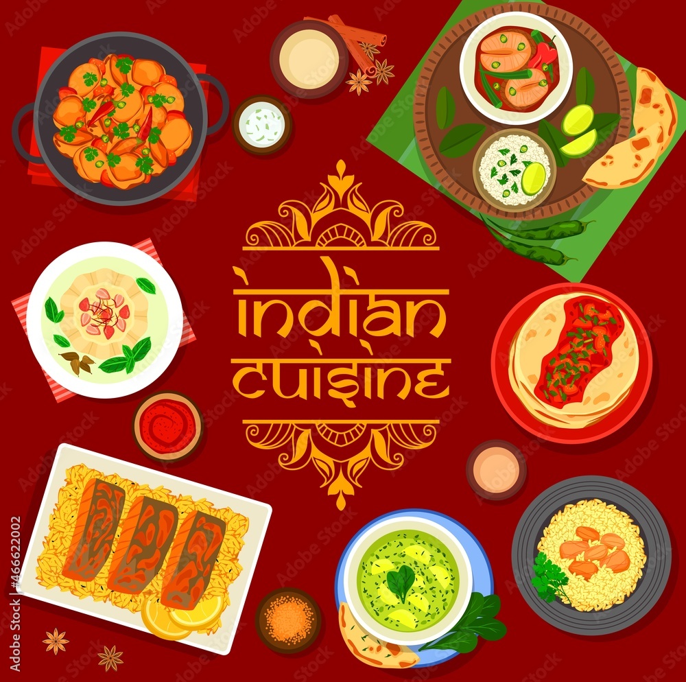 Indian cuisine restaurant menu cover with vector frame of rice, fish ...