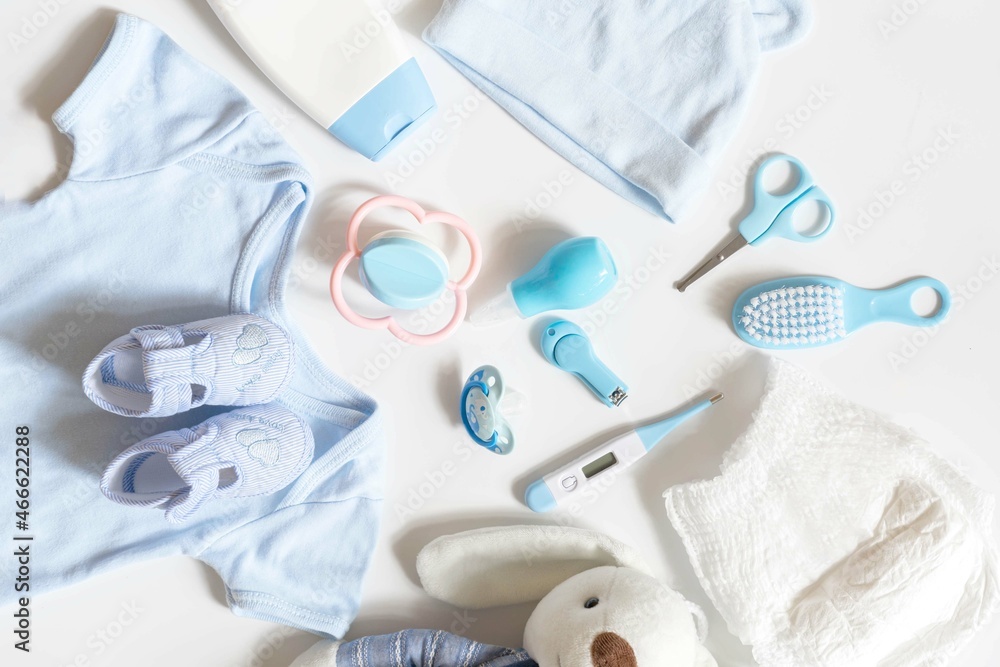 childhood and Childcare concept - Simple tools for baby, diaper, lotion ...