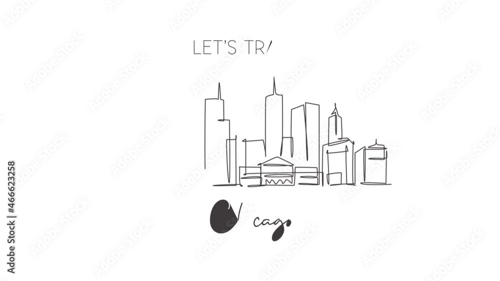 Animation of one line drawing of Chicago city skyline, United States ...