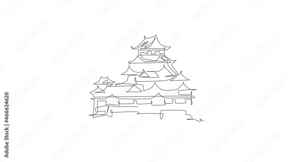 Animation of one line drawing Himeji Castle landmark. World famous ...