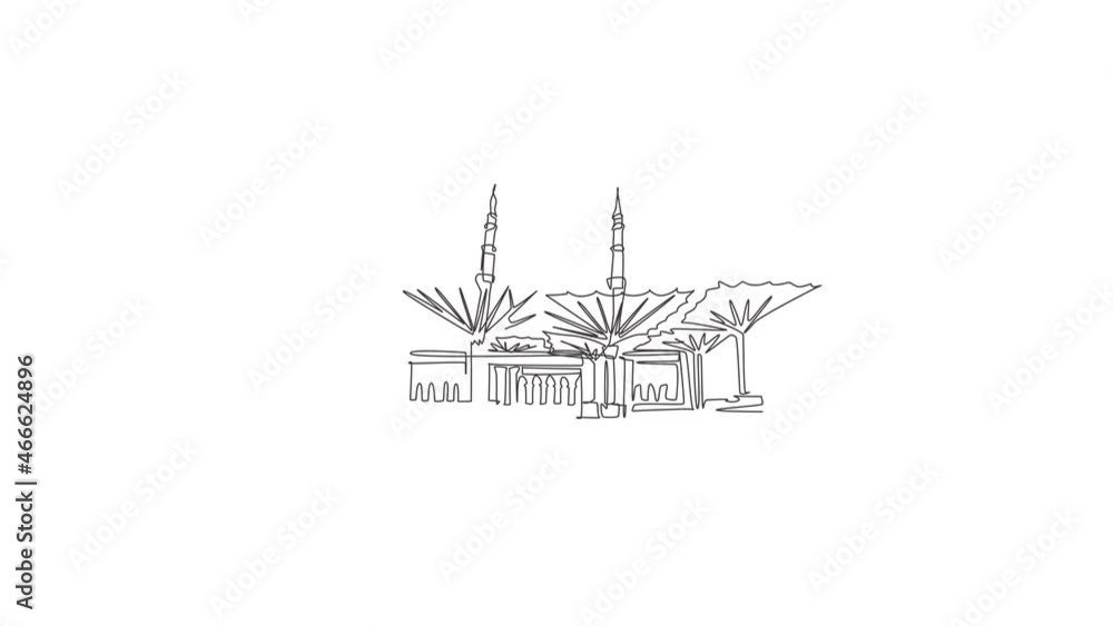 Animation of one line drawing Masjid Al Nabawi landmark. Famous holy ...