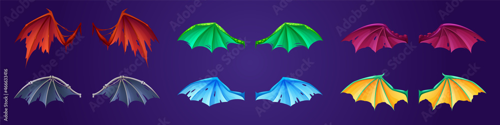 Set of fantasy wings of dragon, demon or bats myth or fable creatures ...