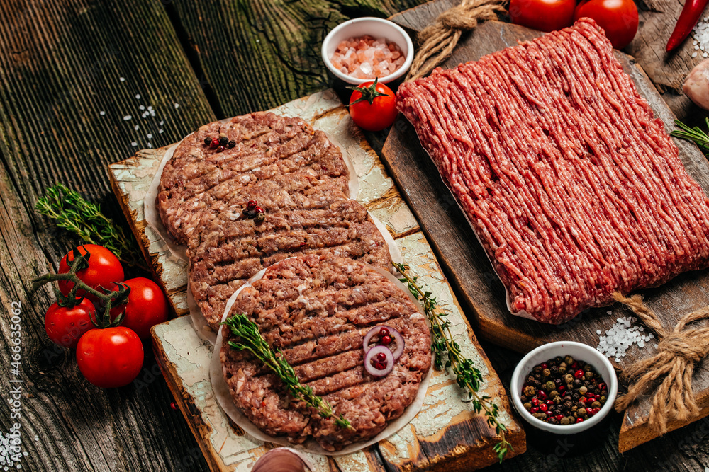 Raw meat products, different parts of the body. minced beef meat kebabs ...