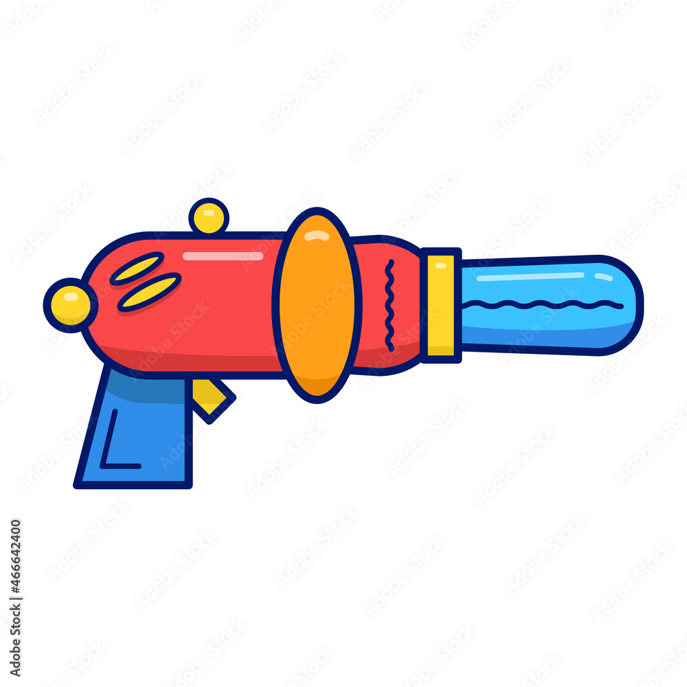 Flat vector illustration with cartoon blaster. Blue and yellow laser ...