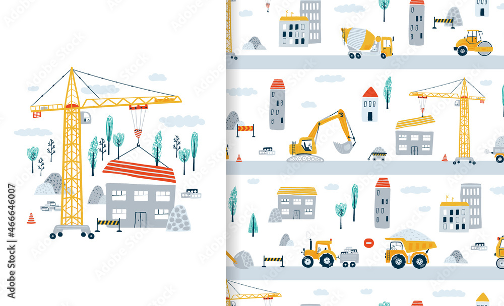 Set poster and seamless pattern with construction vehicle, truck ...