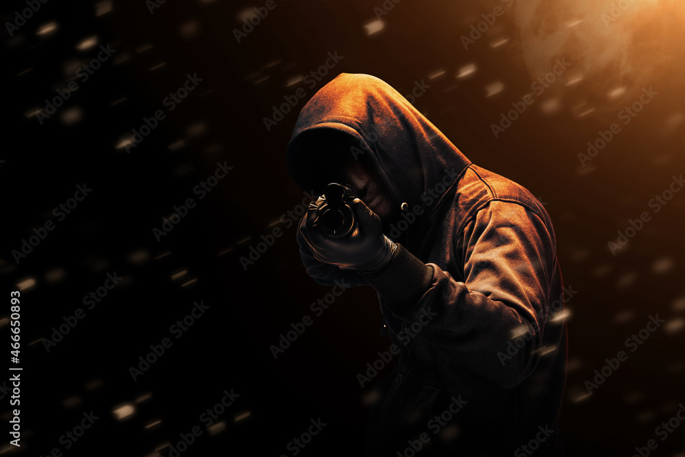 Criminal man in hidden mask pointing the shotgun Stock Illustration ...