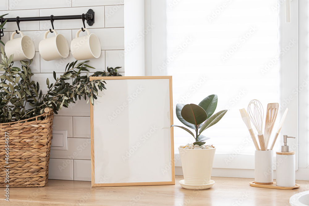 Mock up frame in kitchen interior background. Scandinavian home design ...