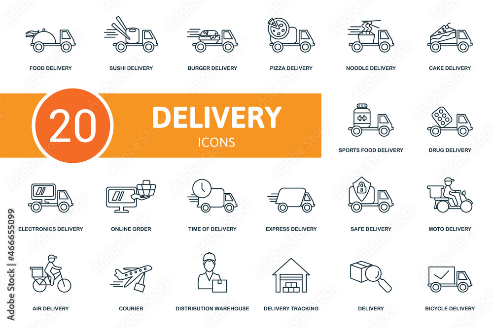 Delivery icon set. Collection of simple elements such as the food ...