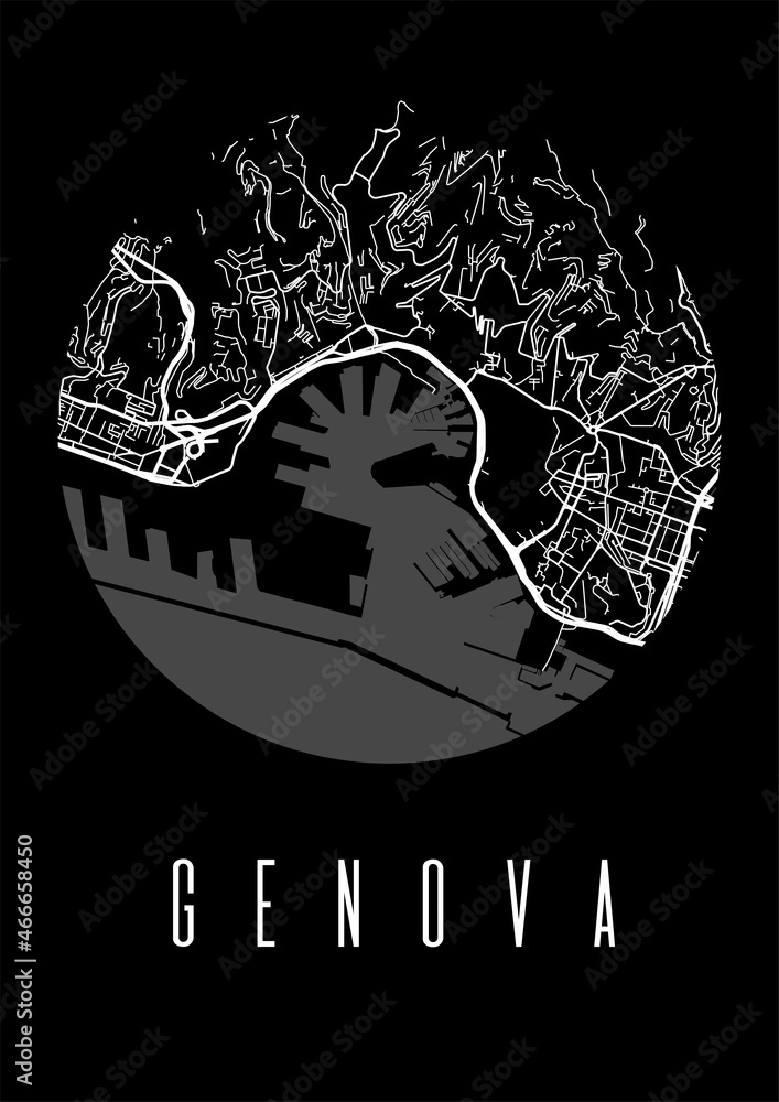 Genoa map vector black poster. Round circular view, street map of Genoa ...