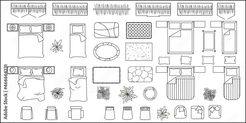 Furniture for bedroom Top view. Set of outline elements for interior ...