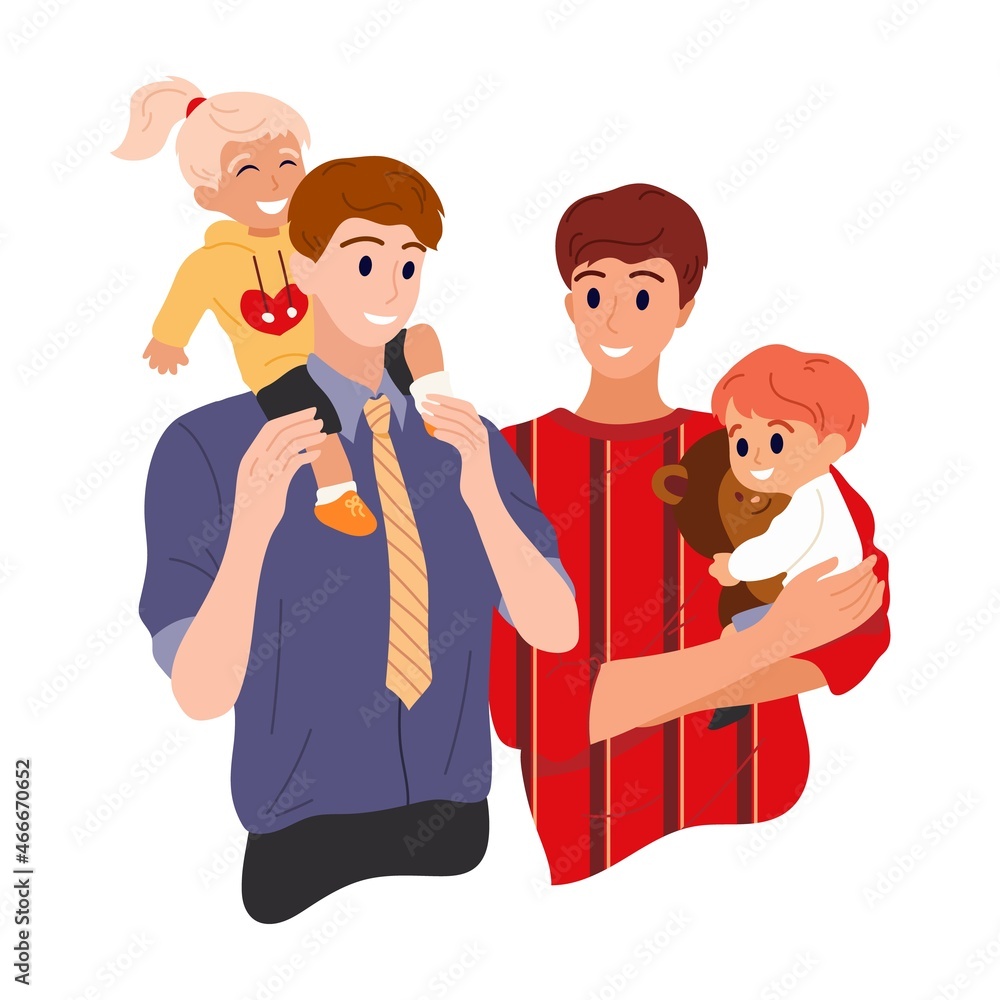 Happy LGBT family with two children. Little daughter sitting on her ...