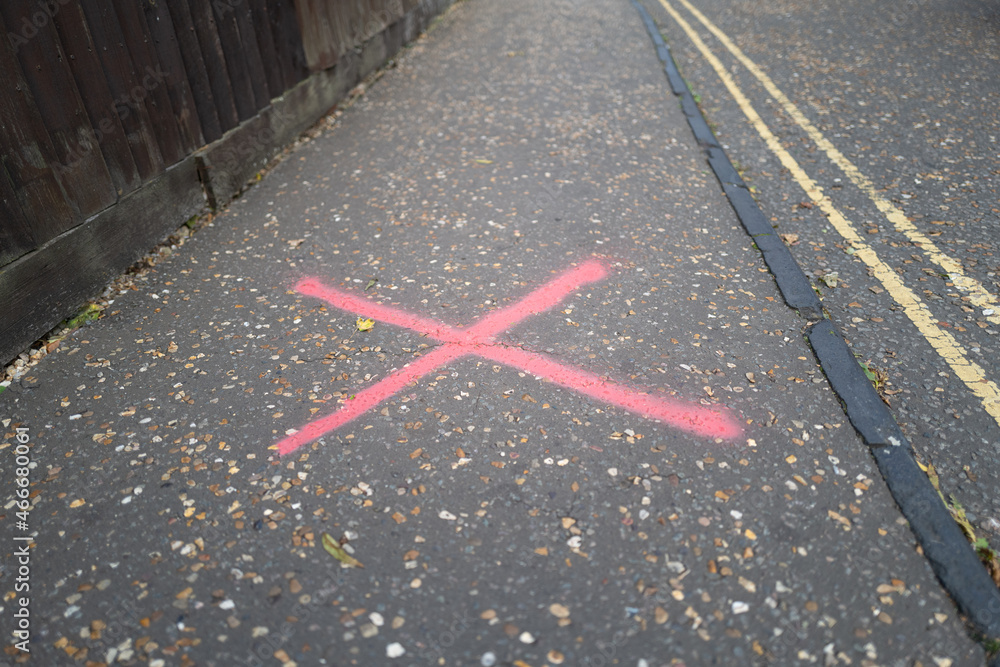Sprayed cross marker seen on an empty pavement. The marker shows an ...