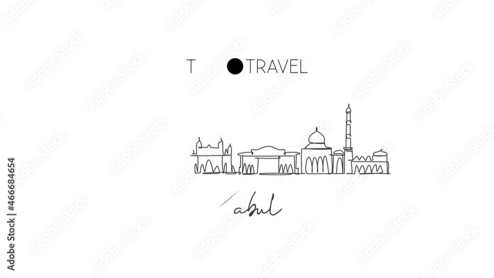 Animation of one line drawing of Kabul city skyline, Afghanistan. World ...