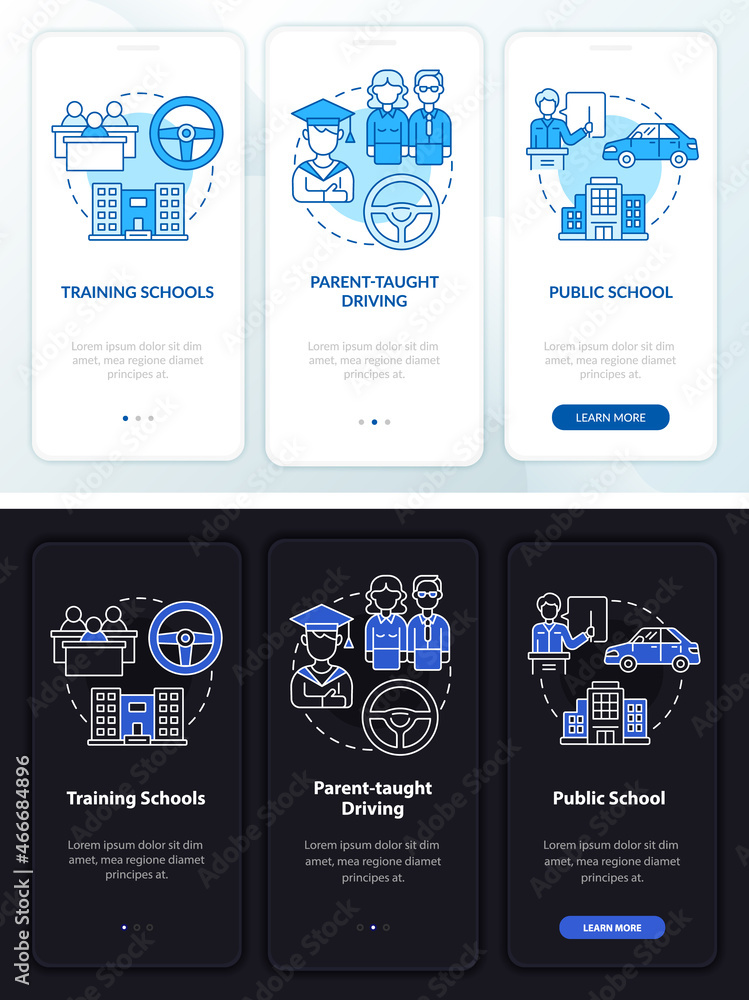 Teens driver education dark, light onboarding mobile app page screen ...