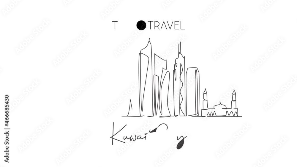 Animated self drawing of continuous line draw Kuwait City skyline ...
