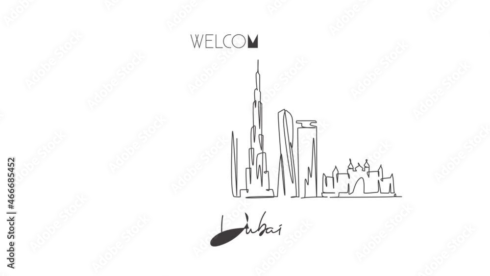 Animated self drawing of one continuous line draw Dubai city skyline ...