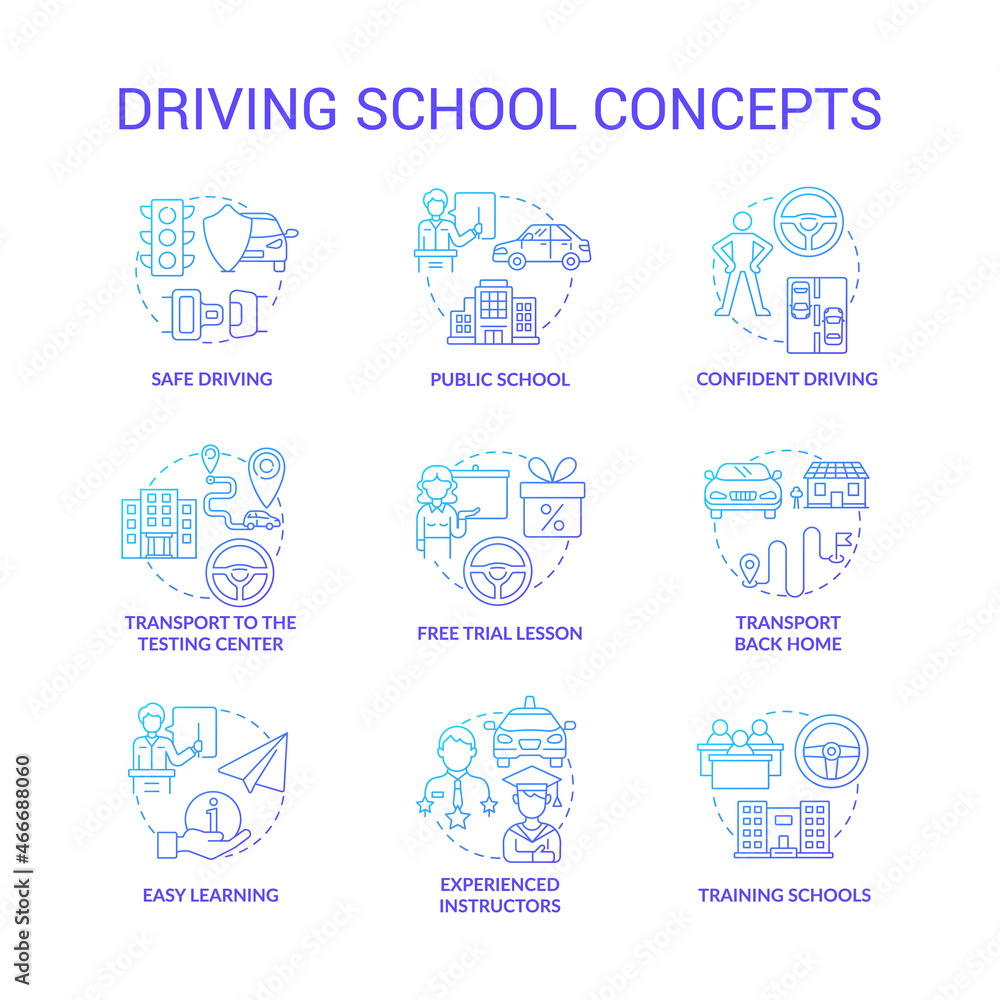 Driving school blue gradient concept icons set. Car riding education ...