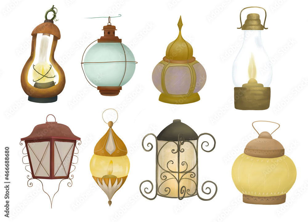 Collection of lamps. Vintage oil lantern set . Different camping lamp ...