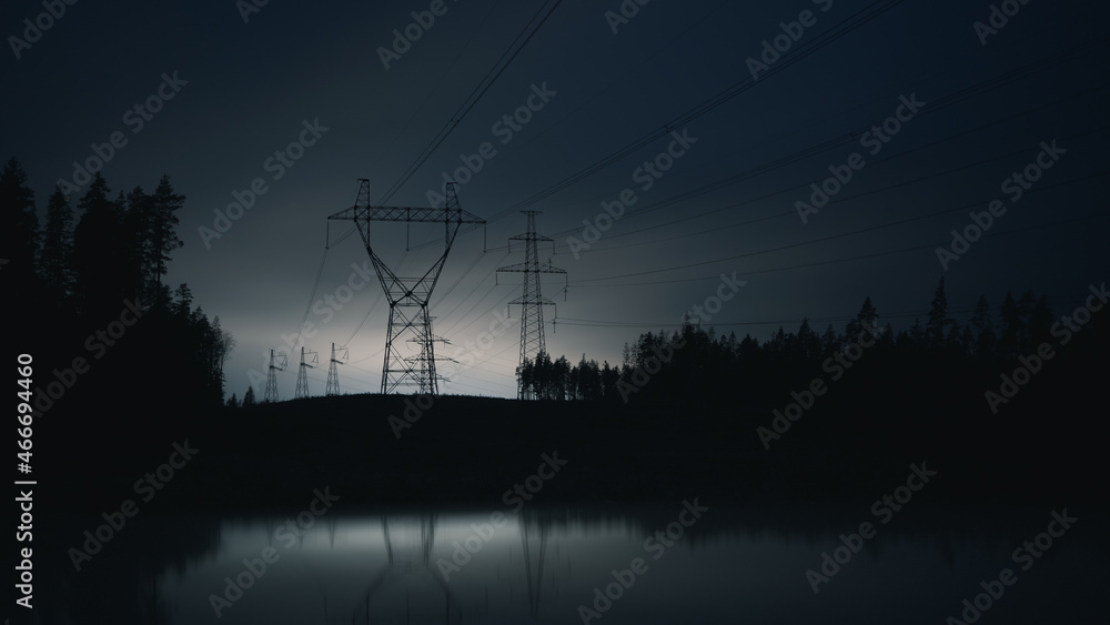 High voltage power line at night Stock Photo | Adobe Stock