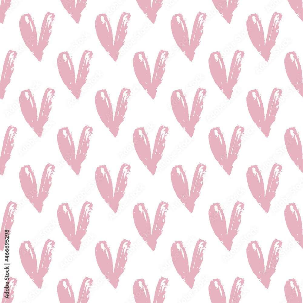 Pink hearts seamless pattern. Simple cute design with hand drawn brush ...