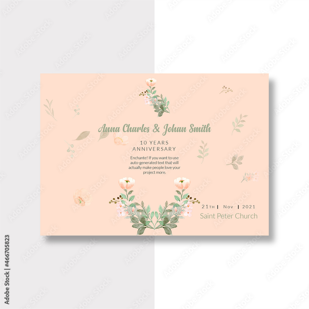 Elegant wedding invitation card with hand drawing soft flower and ...