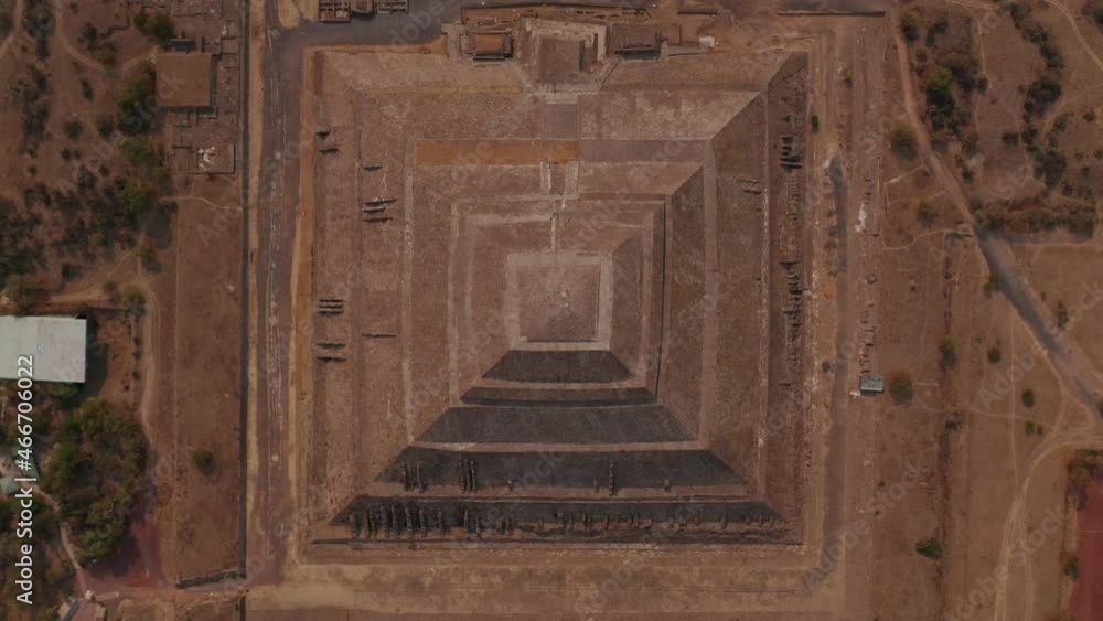Aerial birds eye overhead top down ascending view of Pyramid of the Sun ...