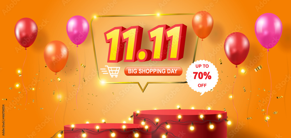 11.11 sale product banner, podium platform with geometric shapes, sale ...