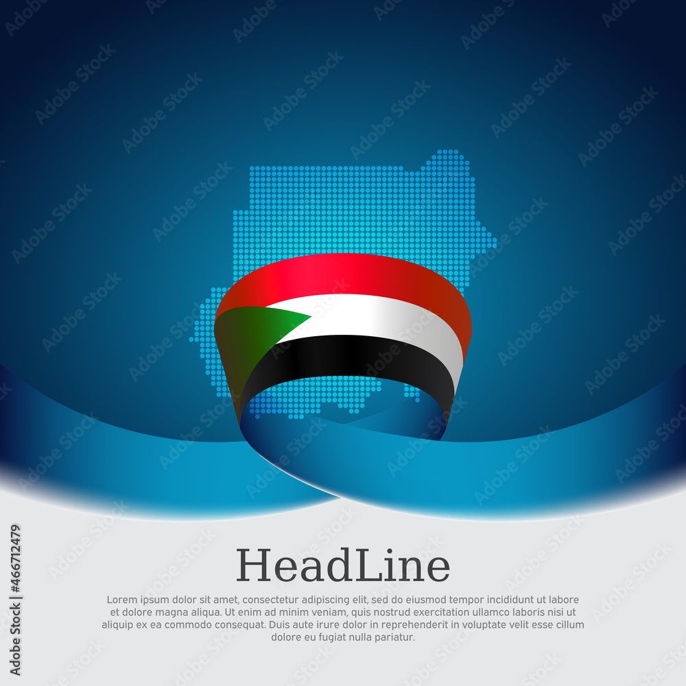 Sudan flag, mosaic map on blue white background. Wavy ribbon with the ...