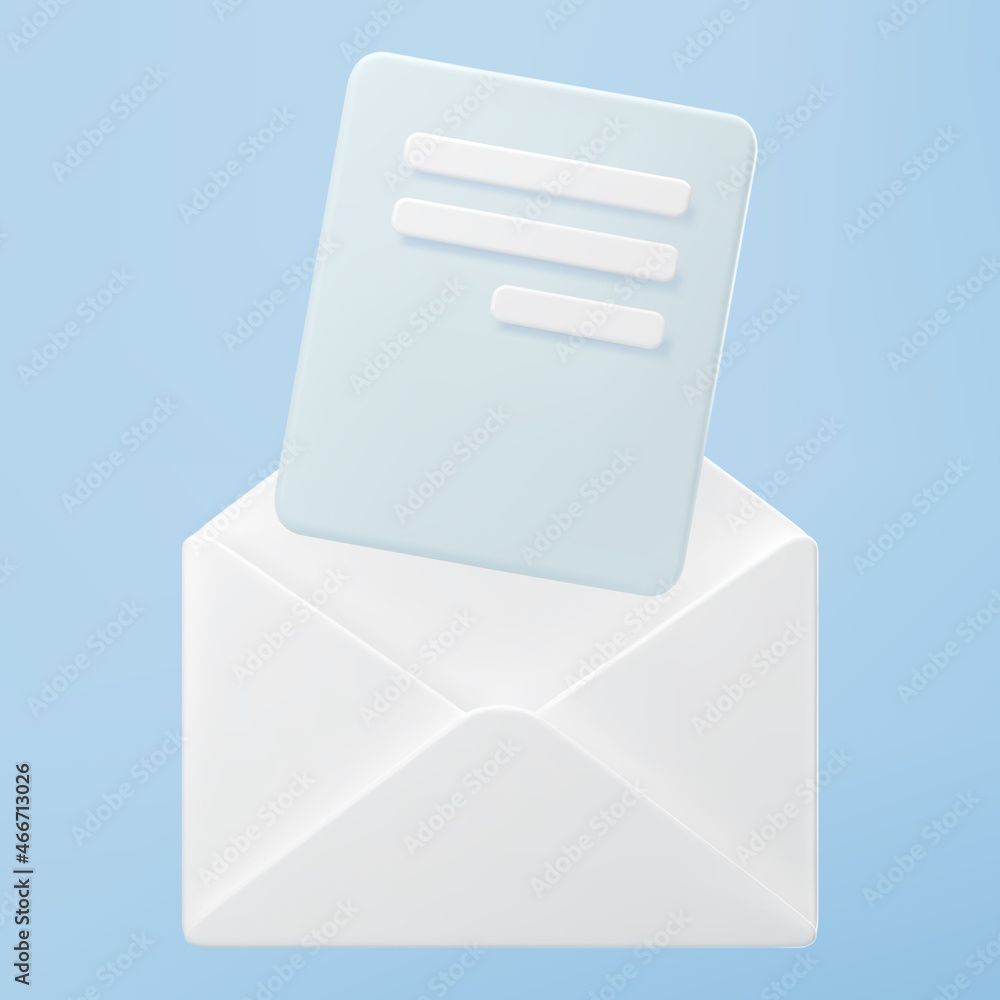 3d white open mail envelope icon with fly document isolated on blue ...