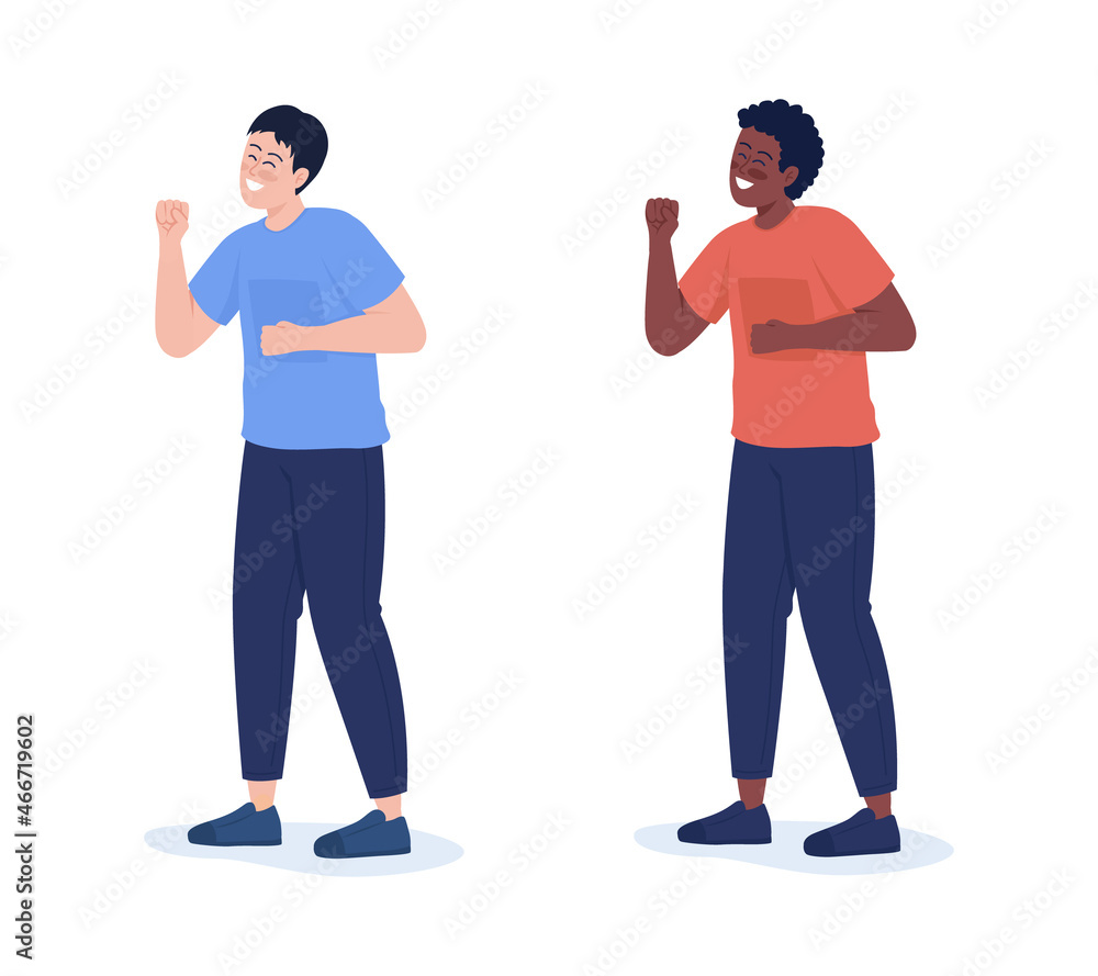 Cheering man semi flat color vector character set. Dynamic figures ...