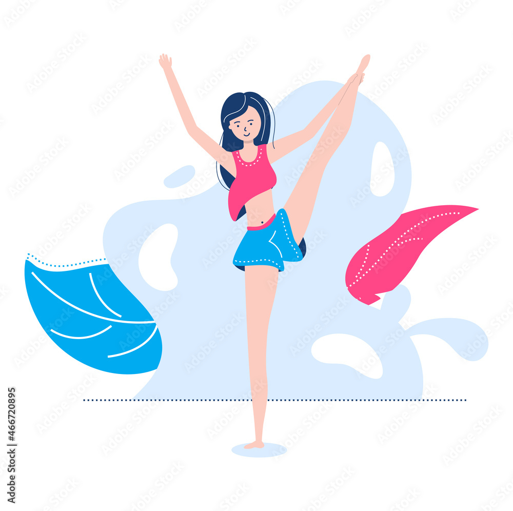 Young girl leg stretching up, woman fitness training gym, character ...