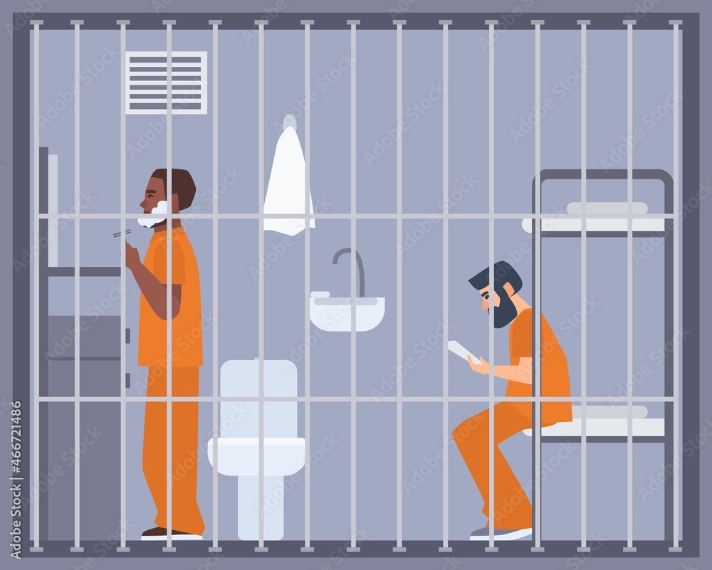 Pair of men in prison, jail or detention center room. Two prisoners or ...