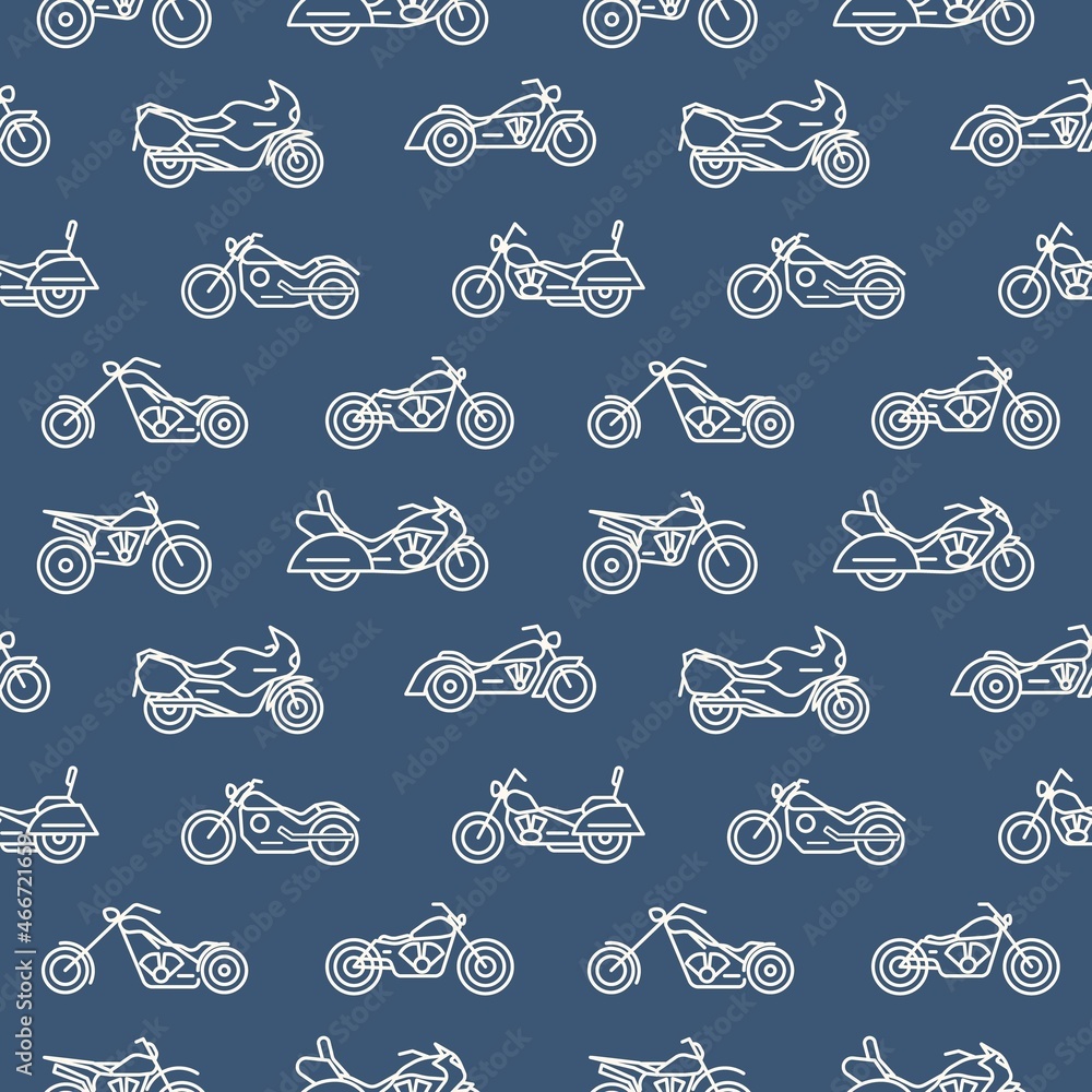Monochrome seamless pattern with motorcycles of various models drawn ...