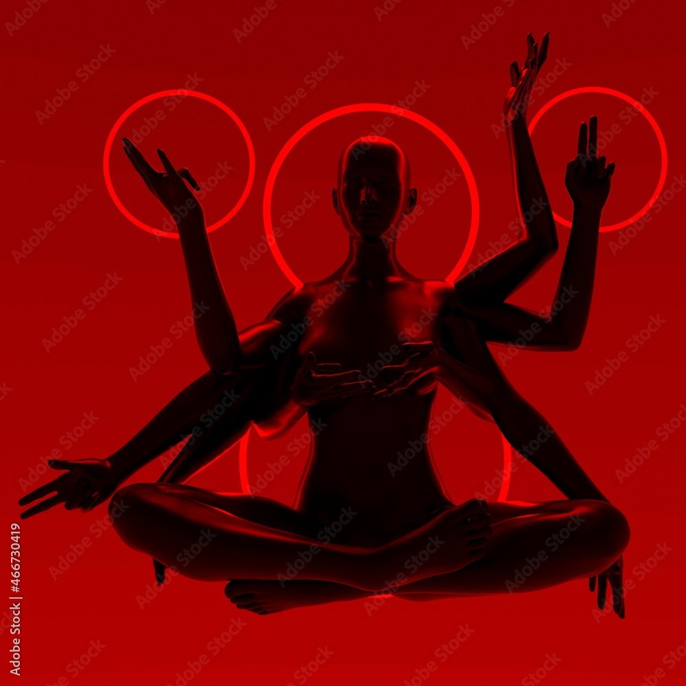 Chthonic goddess in a lotus pose with many hands and neon red aureole ...