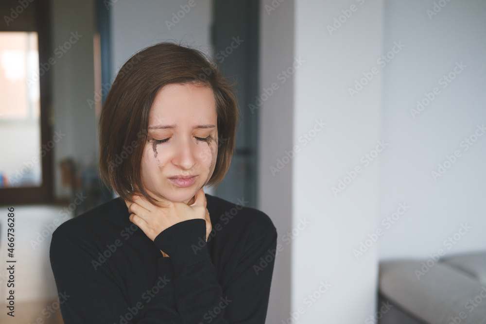 Young Female Crying And Strangling Herself. Concept Of Violence Against ...