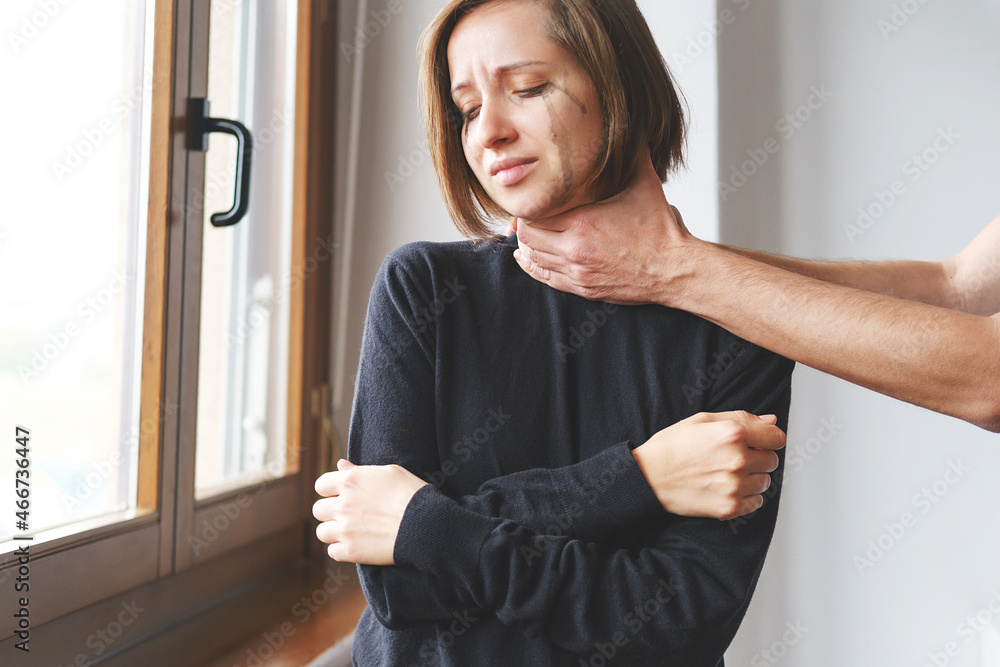 Young Female Crying And Male Hands Strangling Her. Concept Of Violence ...