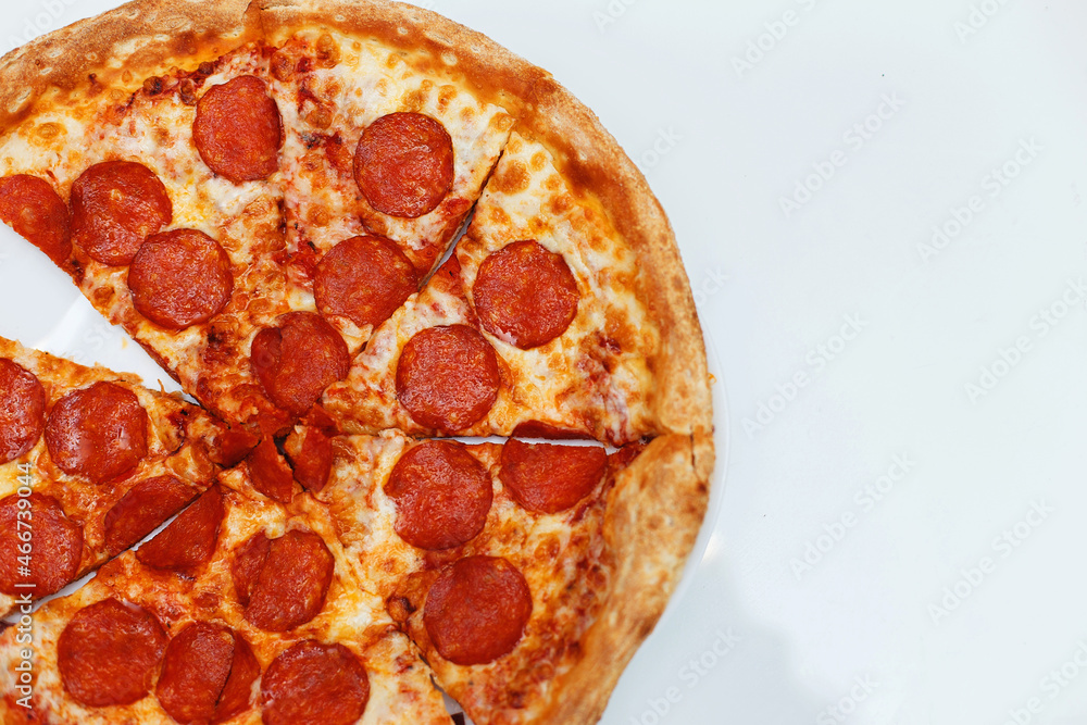 Tasty pepperoni pizza. Top view of hot pepperoni pizza. Flat lay ...