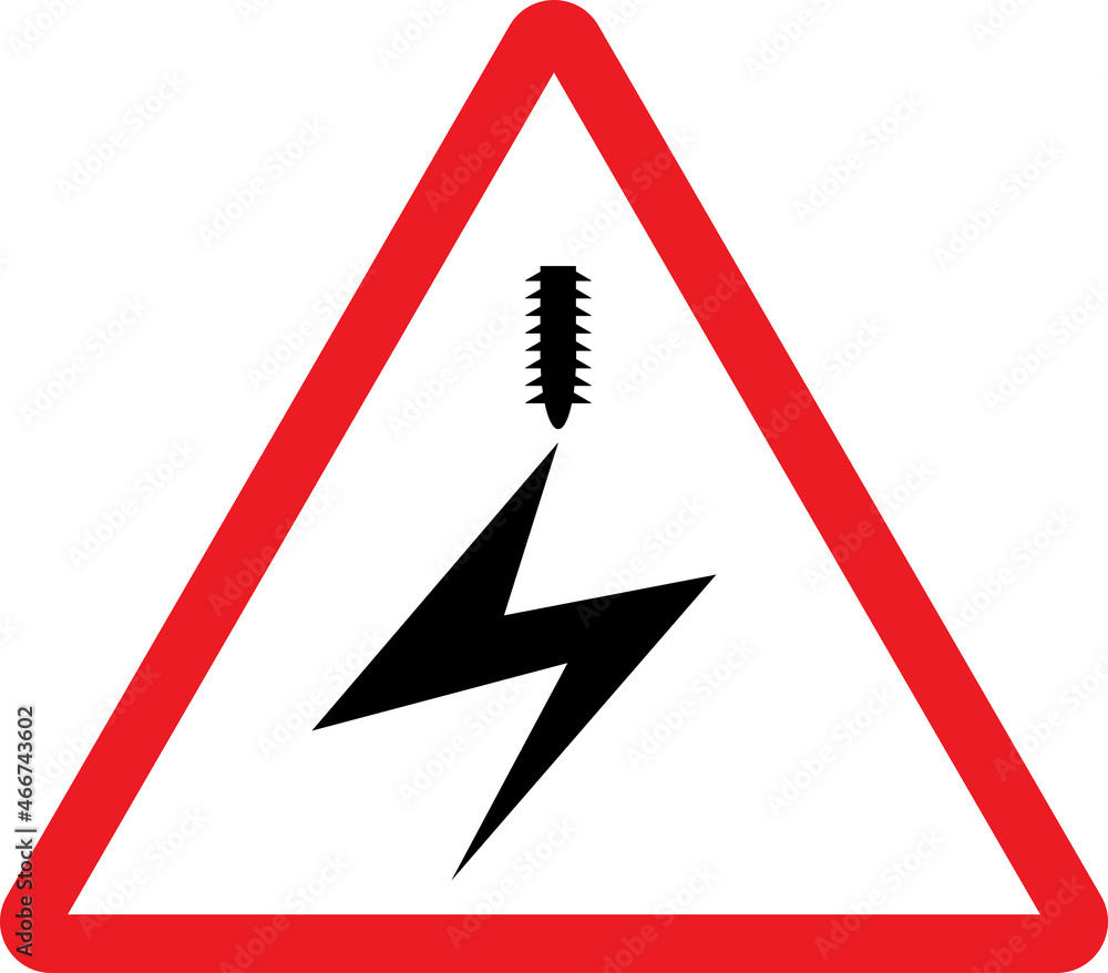 Vecteur Stock Electrified overhead cable warning sign. Red triangle ...