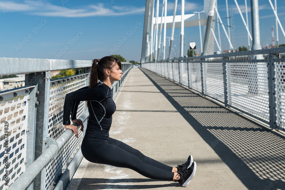 Young sweaty active fitness athletic woman doing dips exercise for ...