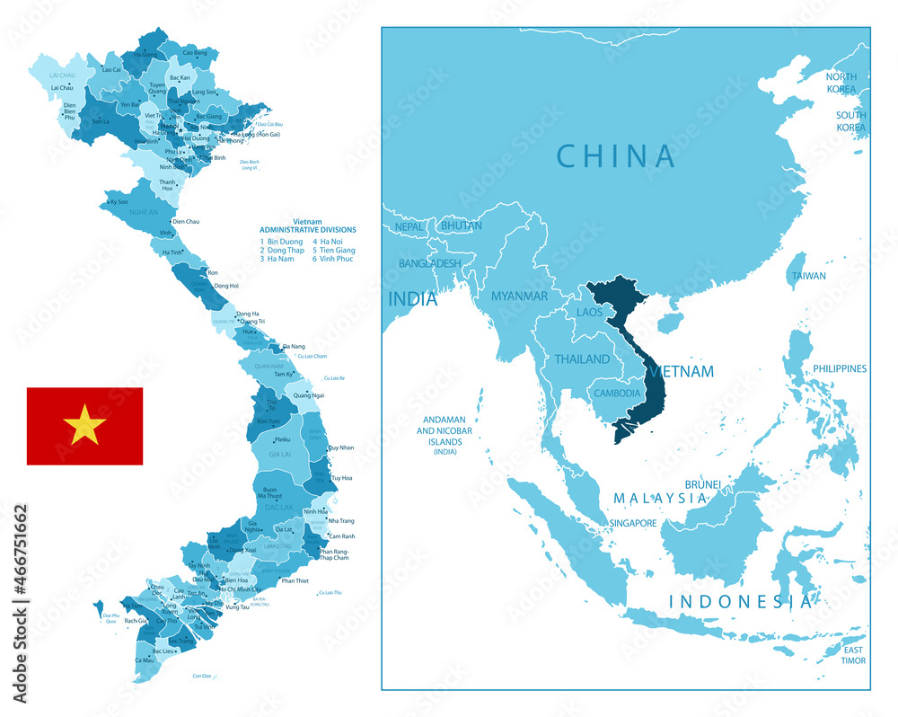 Vietnam - highly detailed blue map. Stock Vector | Adobe Stock