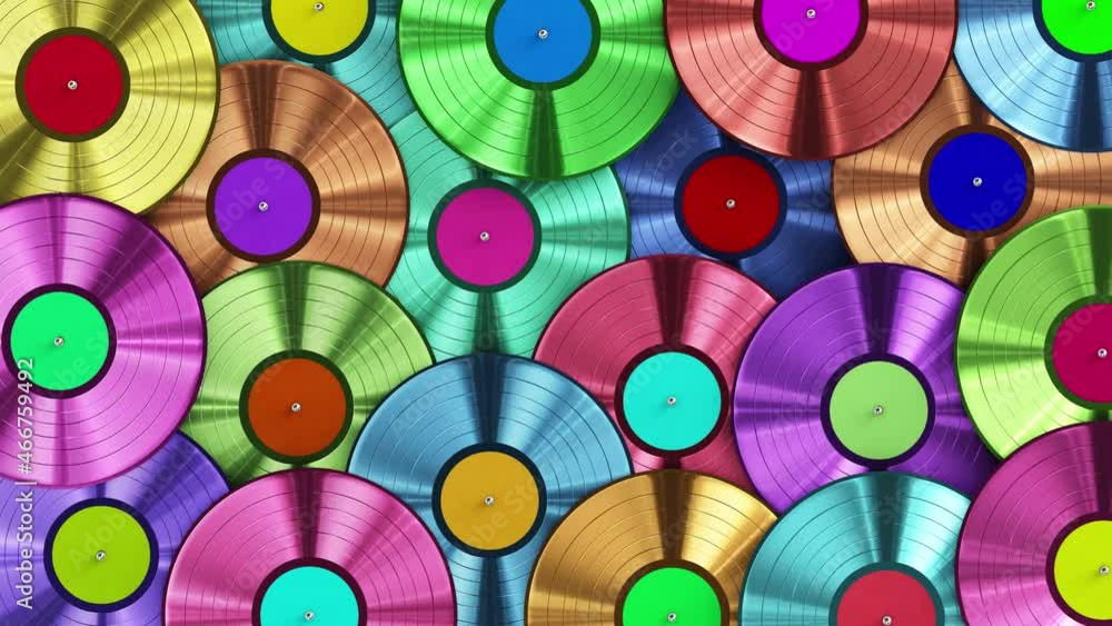 Realistic seamless looping 3D animation of the colorful vinyl records ...