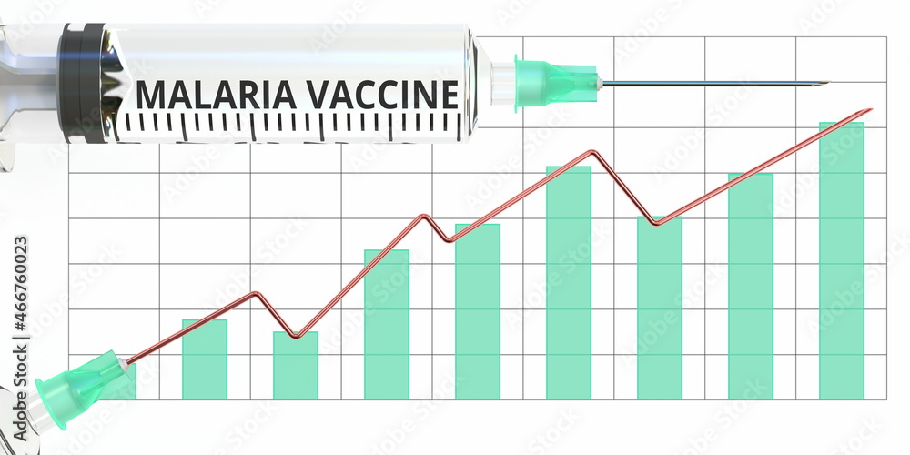Syringe with MALARIA VACCINE text and conceptual rising graph. 3D ...