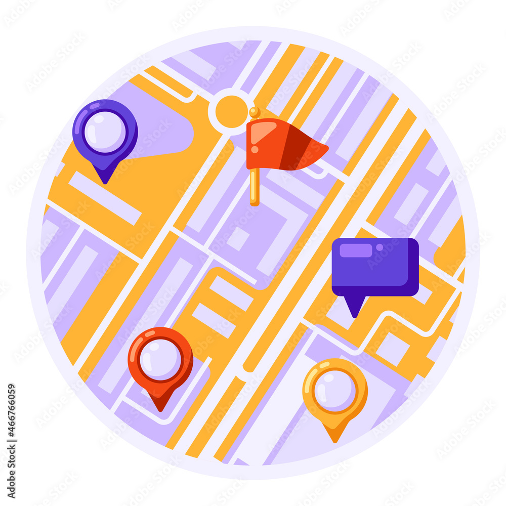 City map background design with markers and flags. Illustration of ...