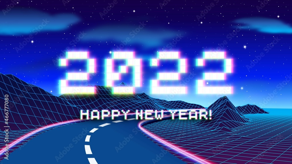 2022 New Year sign with glitched glowing pixels and road in 80s styled ...